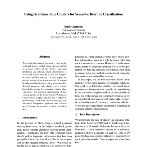 Using Grammar Rule Clusters For Semantic Relation Classification Acl Anthology