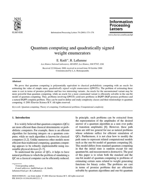 Quantum Computing And Quadratically Signed Weight Enumerators Information Processing Letters