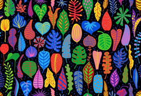 다채로운 대담한 밝은 정글 열대 우림 단풍 나뭇잎 원활한 패턴 벡터 일러스트 레이 션 그래픽 반복 텍스처 하와이안 셔츠에 대한 스톡 벡터 아트 및 기타 이미지 Istock