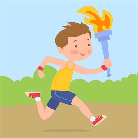 Niño corriendo sosteniendo una antorcha Vector Premium
