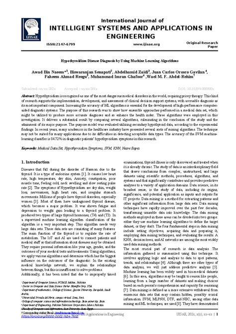 Hypothyroidism Diagnosis Using Ml Algorithms Ijisae Research Paper