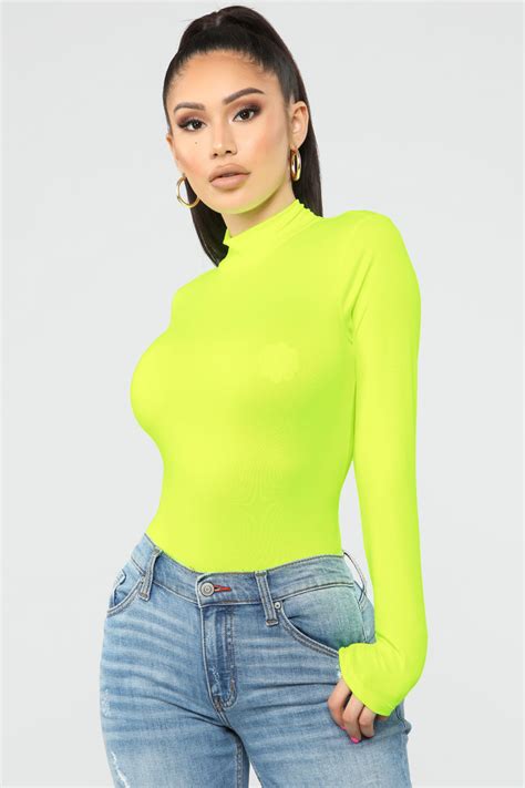 All Mocked Up Bodysuit Neon Yellow Fashion Nova Bodysuits