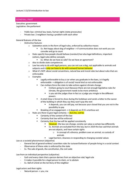 Introduction To Law Notes GENERAL PART Executive Government Legislative The Parliament