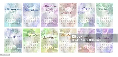 Шаблон Акварельного Календаря На 2022 Год Неделя Начинается В Воскресенье Январь Февраль Март