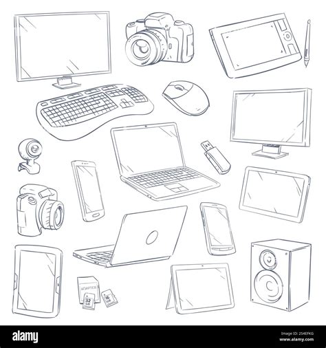 Hand Drawn Sketch Computer Technology Gadgets Vector Set Computer