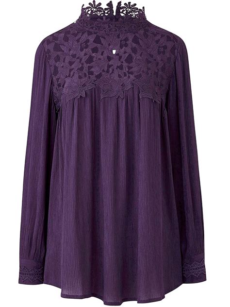 Together Aubergine High Neck Lace Trim Victorian Blouse Plus Size 12