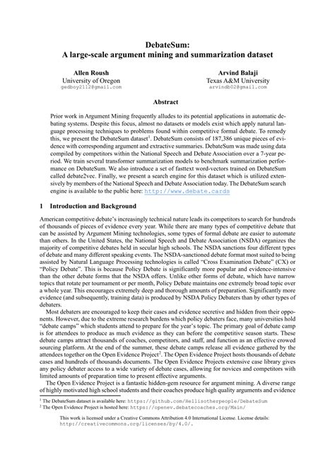 Pdf Debatesum A Large Scale Argument Mining And Summarization Dataset