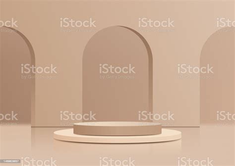 3d 현실적인 베이지색 연단 플랫폼은 최소한의 벽 장면 배경에 입구 문 배경이 있습니다 스파와 아름다움 화장품 프리젠 테이션