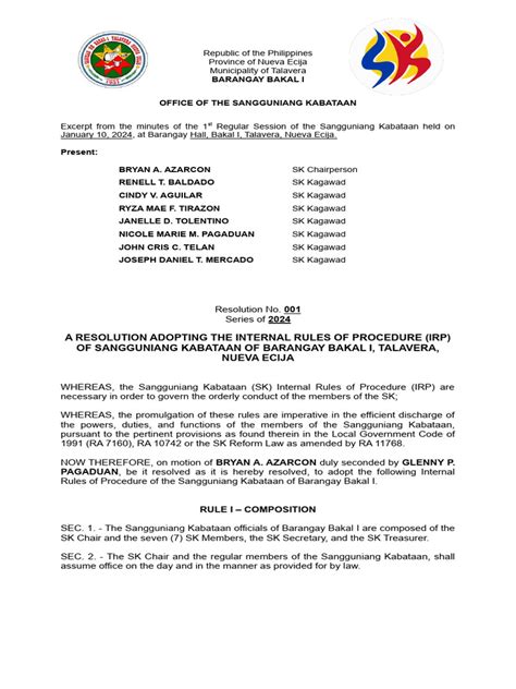 Sk Resolution No 001 Irp Pdf Quorum Poverty