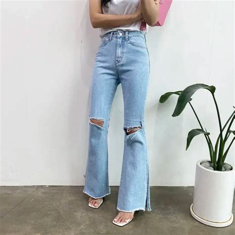 하이웨스트 무릎 찢청 세미 부츠컷 옆트임 롱 청바지 헬로마켓