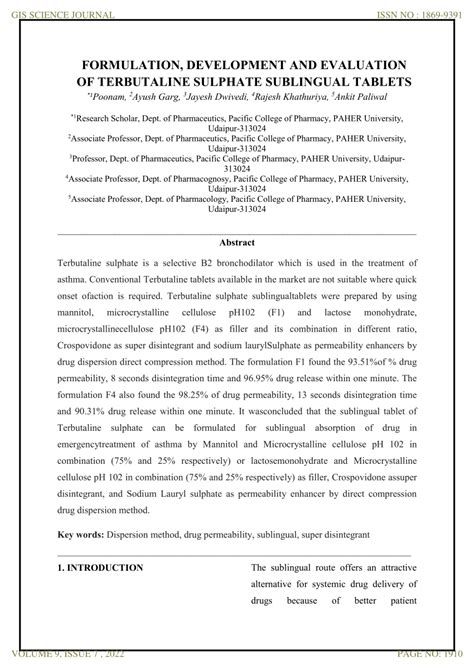 Pdf Formulation Development And Evaluation Of Terbutaline Sulphate