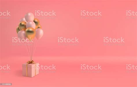 분홍색 배경에 활과 현실적인 풍선과 선물 상자의 벡터 그림 파티 홍보 소셜 미디어 배너 포스터를위한 빈 공간 계절에 대한 스톡