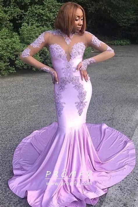Illusion Neck Long Sleeve Lilac Trumpet Prom Dress Promfy