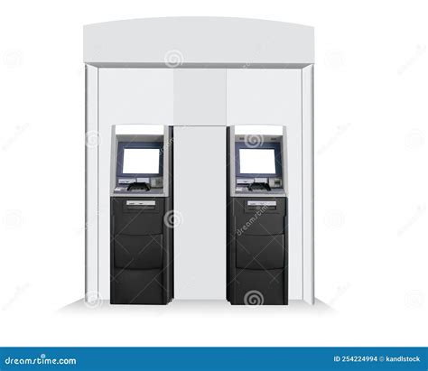 Booth Of Two ATM Automated Teller Machines Isolated On White Background