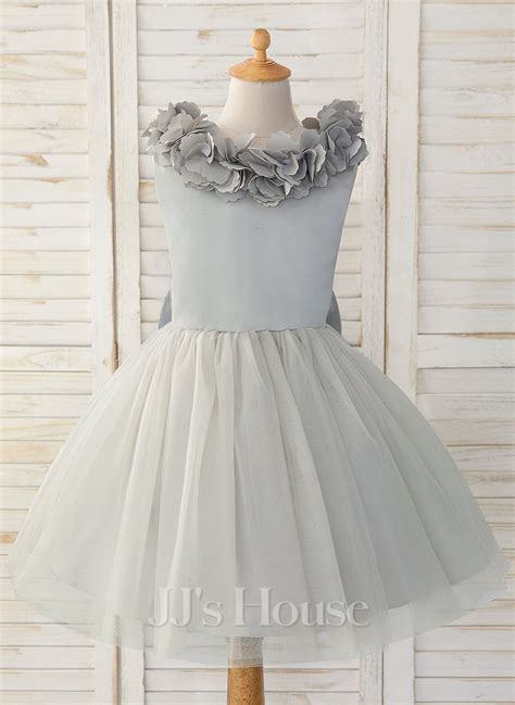 A Line Knee Length Flower Girl Dress Satin Tulle Sleeveless Scoop
