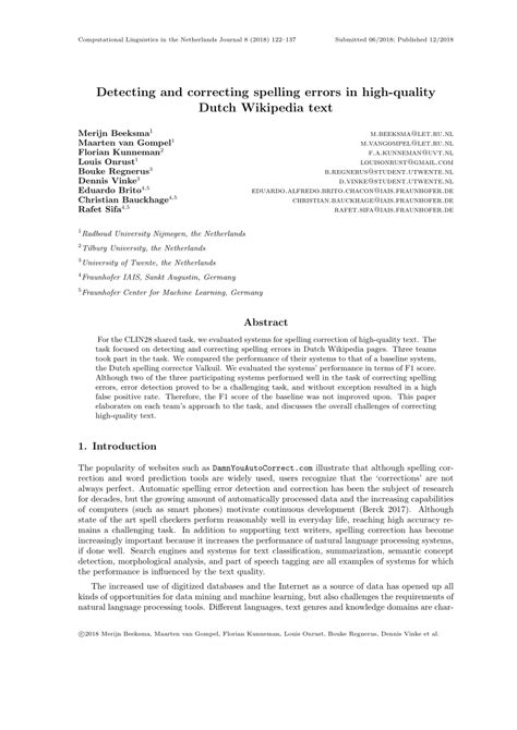 Pdf Detecting And Correcting Spelling Errors In High Quality Dutch