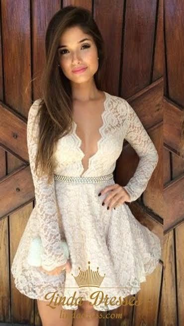 Ivory Deep V Neck Long Sleeve A Line Knee Length Lace Homecoming Dress