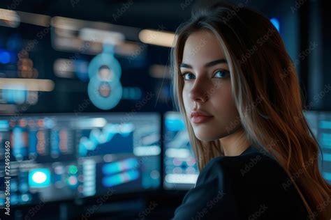 A Female Model Working As A Cybersecurity Expert In A High Tech Security Operations Center Stock