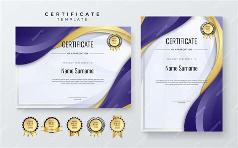 파란색과 금색의 현대적인 인증서 템플릿은 기업 성과 디플로마 수여 졸업 완료 감사 인정 인정 등 프리미엄 벡터