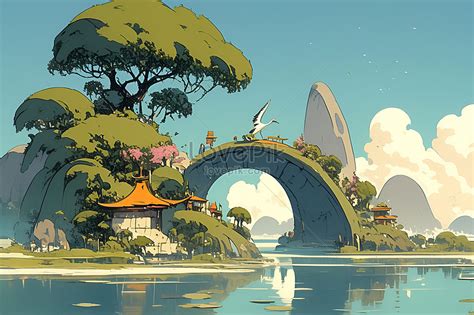 Arched Stone Bridge Connects Hills And Japanese Style Buildings