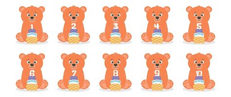 귀여운 곰 캐릭터와 케이크 숫자 벡터 세트 어린이 생일 파티 초대장 인사말 카드 포스터 이벤트 인쇄물 및 케이크 토퍼 디자인을