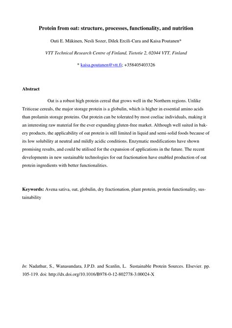 Pdf Protein From Oat Structure Processes Functionality And Nutrition