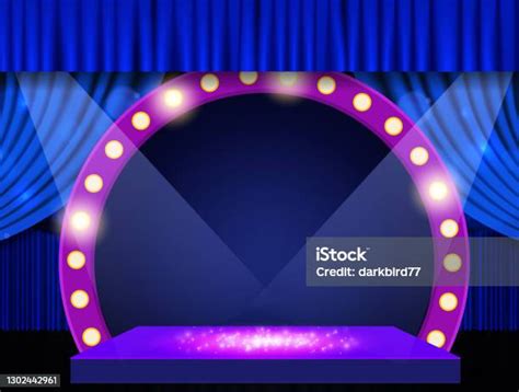 파란색 커튼 연단 스포트라이트 및 복고풍 아치 배너배경 프리젠 테이션 콘서트 쇼를위한 디자인 Fashion Show에 대한 스톡 벡터 아트 및 기타 이미지 Istock