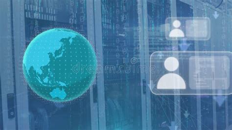 animation of globe profile icons and data processing against computer