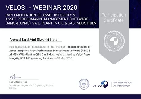 Certificate Of Completion Implementation Of Asset Integrity And Asset Performance Management