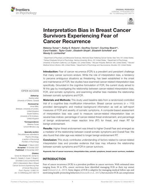 Pdf Interpretation Bias In Breast Cancer Survivors Experiencing Fear Of Cancer Recurrence