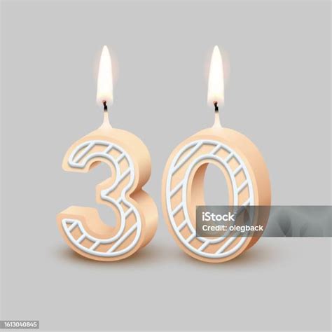 생일 번호 30 불 벡터 삽화가 있는 촛불 3d 베이지색 숫자 30 생일 또는 기념일 케이크 해피 파티 초대장 및 인사말 카드 디자인 템플릿을 위한 촛불 30에 대한 스톡