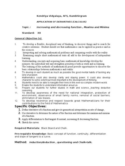 Lesson Plan Max And Minima Pdf Maxima And Minima Differential Calculus