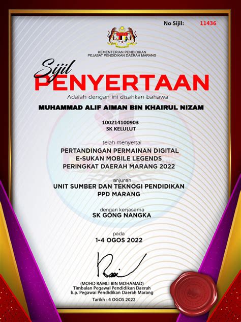 Sijil Penyertaan Mobile Legends 2022 Muhammad Alif Aiman Bin Khairul