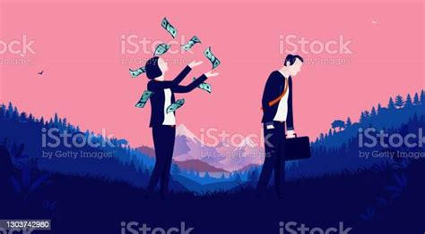 공중에 돈을 던지는 남자보다 더 높은 급여를 가진 성공적인 여자 가공의 인물에 대한 스톡 벡터 아트 및 기타 이미지 가공의
