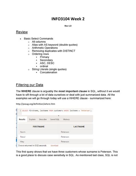 Week2 Lecture Notes 2 Info3104 Week 2 Rev 1 Review • Basic Select