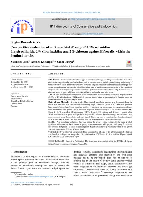 Pdf Comparitive Evaluation Of Antimicrobial Efficacy Of 0 1 Octenidine Dihydrochloride 2