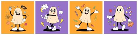 Premium Vector Set Of Halloween Posters Or Greeting Card With Ghosts