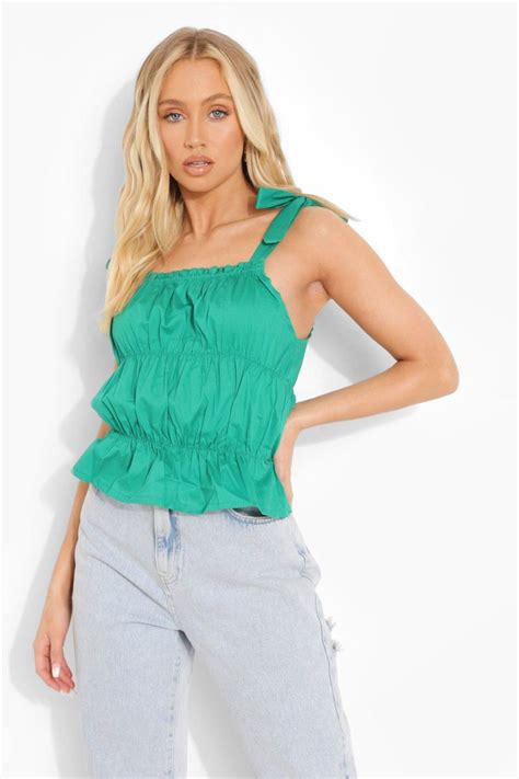 Woven Tie Shoulder Shirred Top In 2022 Tops Trend Setting Women
