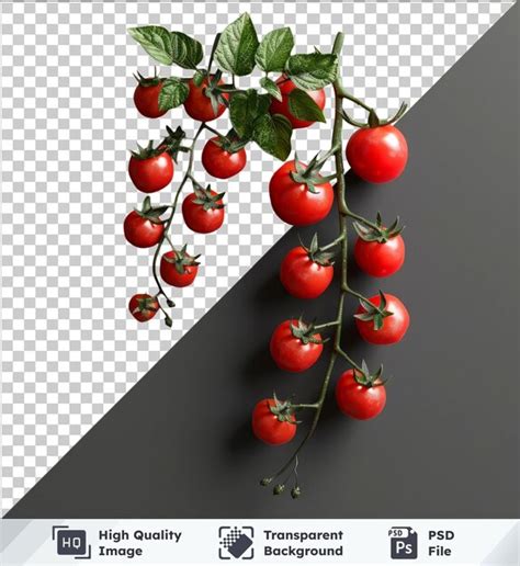 투명한 배경 빨간 토마토와 초록색 잎을 특징으로하는 Psd 토마토 가지 모형 프리미엄 Ai 생성 Psd