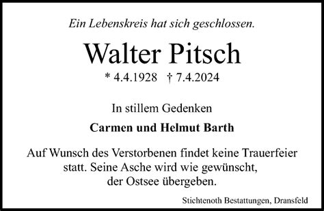 Traueranzeigen Von Walter Pitsch Trauer Anzeigen De