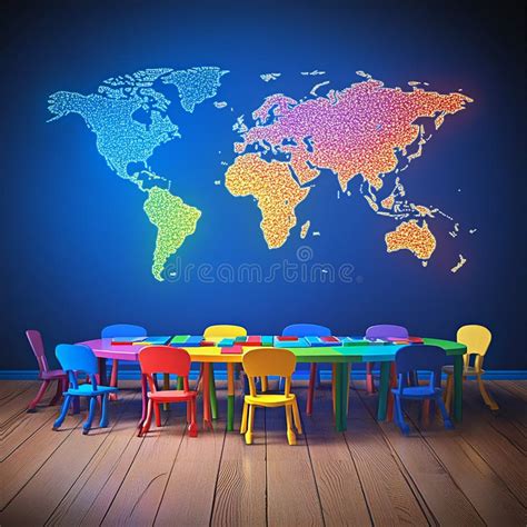 A Glowing World Map On A Classroom Wall Surrounded By Vibrant Elements Stock Illustration