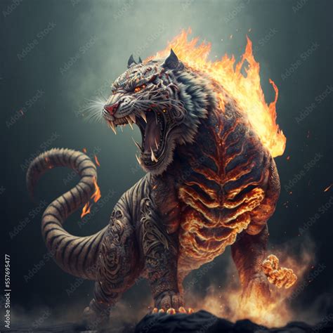 Tiger Dragon Statue In Chinese Temple Gray Background Stock