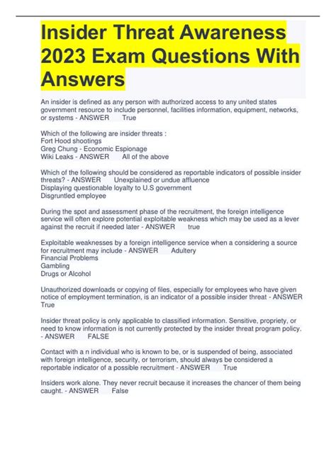 Insider Threat Awareness 2023 Exam Questions With Answers Insider Threat Awareness Stuvia Us