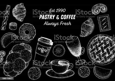 페이스트리와 커피 커피 하우스 메뉴 다른 구운 식품의 그림 손으로 그린 벡터 그림 베이커리 스케치 디자인을 위한 배경 템플릿입니다 새겨진 음식 이미지 맨 위 보기입니다 가정