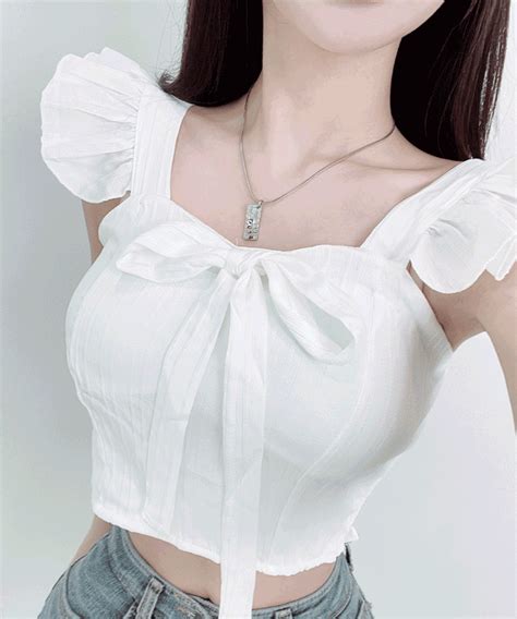 부분당일출고고퀄리티 여름신상 프릴 날개 리본 스트랩 크롭 캡 나시 블라우스 에이블리