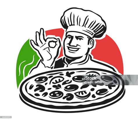 배경 이탈리아 국기에 피자를 가진 상징 요리사 피자 가게 레스토랑 로고입니다 벡터 일러스트 레이 션 남자에 대한 스톡 벡터 아트 및 기타 이미지 Istock
