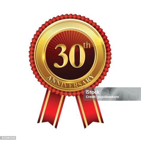 레드 리본 흰색 배경 인사말 카드 배너 및 초대 카드에 대 한 벡터 디자인에 고립 된 30 년 주년 골든 배지 30에 대한 스톡 벡터 아트 및 기타 이미지 Istock