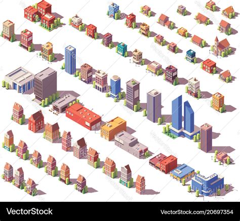 Low Poly Isometric Buildings Set Royalty Free Vector Image