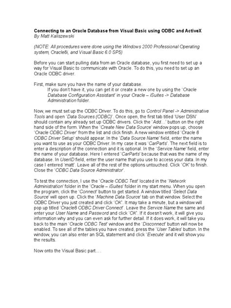 Connecting To An Oracle Database From Visual Basic Using Odbc And Activex Pdf Oracle