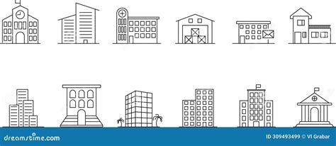 Building Line Icons Set Vector Stock Vector Illustration Of Downtown Hotel 309493499